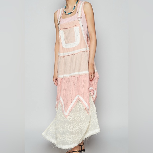POL | Dresses | Pol Mixed Media Patchwork Boho Bib Overalls Lace Maxi ...